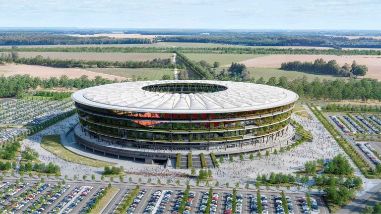 A Chinese company completes the first lift of a stadium’s steel ...